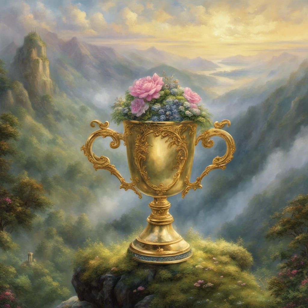 A beautiful golden trophy filled with jewels sitting on top of a lush ...