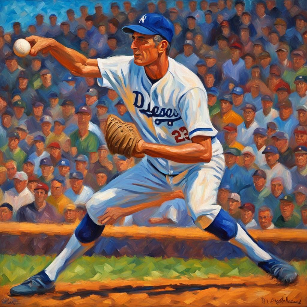 Sandy Koufax throwing a fast baseball at the batter for a strike in the ...