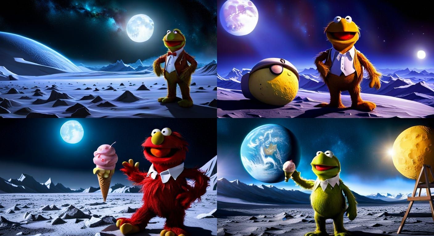 Animal from the Muppets, eating Blue moon ice-cream, on the moon ...