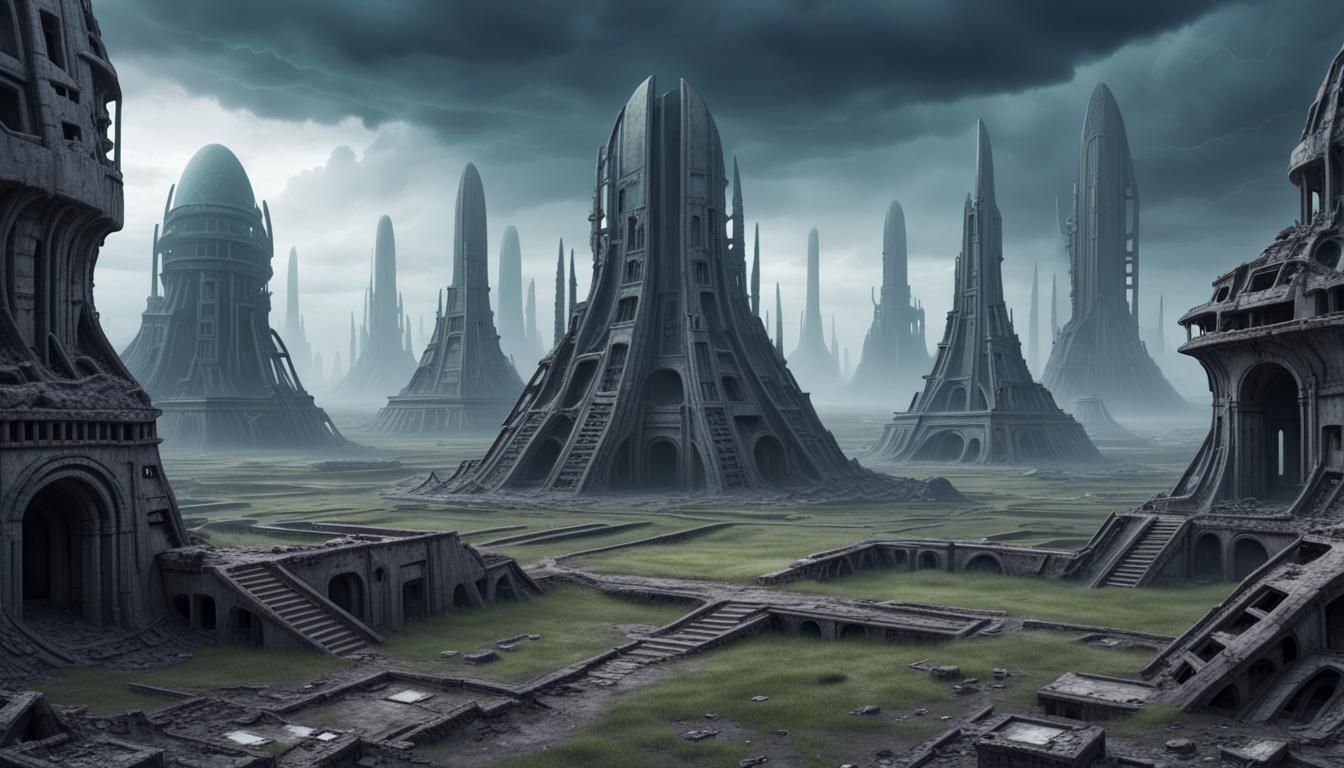 an ancient, eldritch and mysterious abandoned and ruined alien city ...