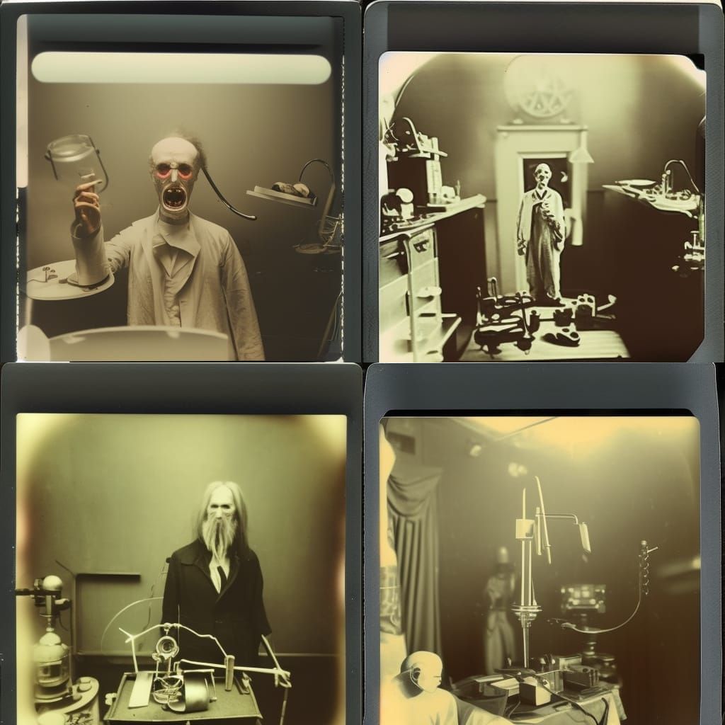 detailed and creepy old polaroid photo of a mad scientist in alchemy ...