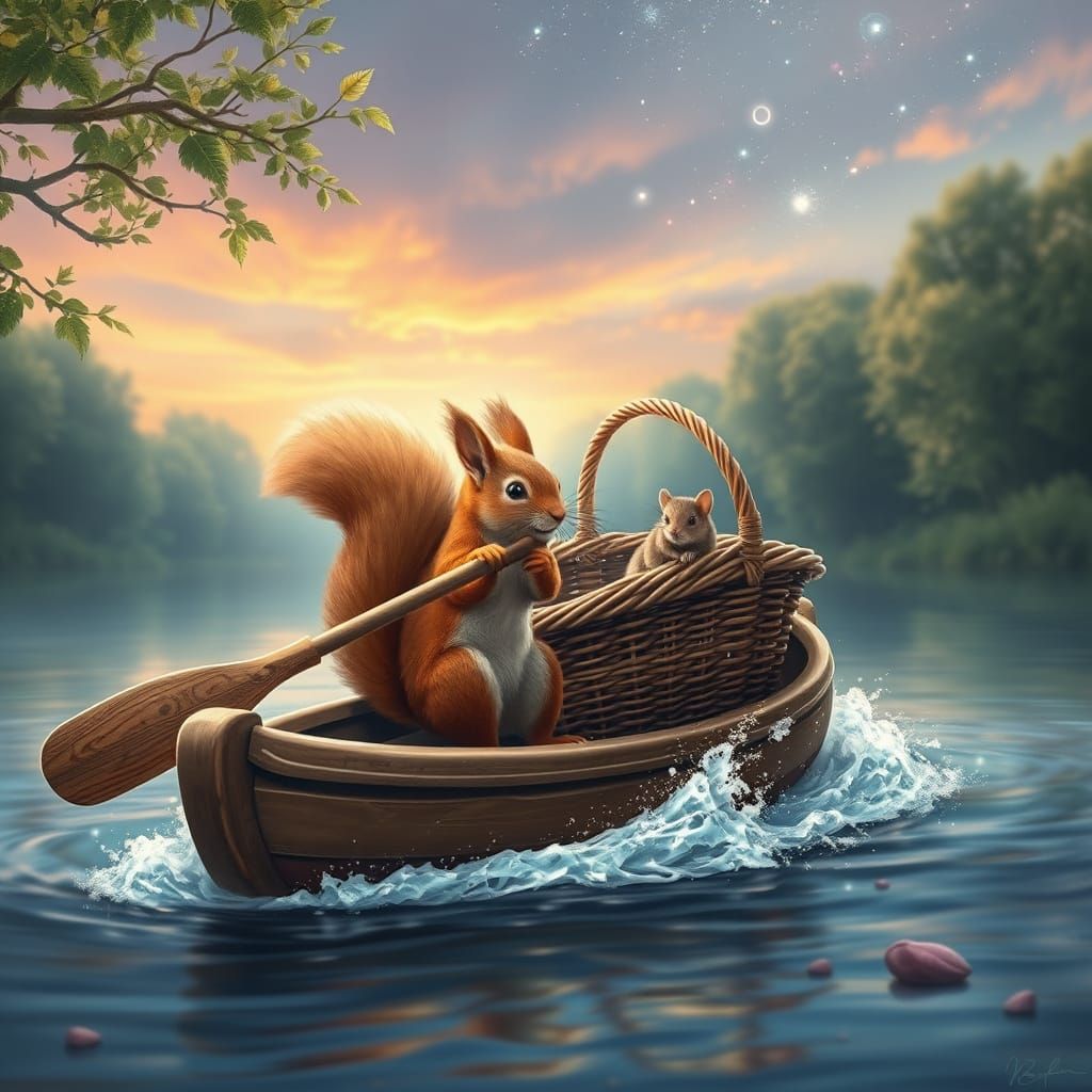 Surreal Summer River Scene with Rowing Squirrel an... - AI Art