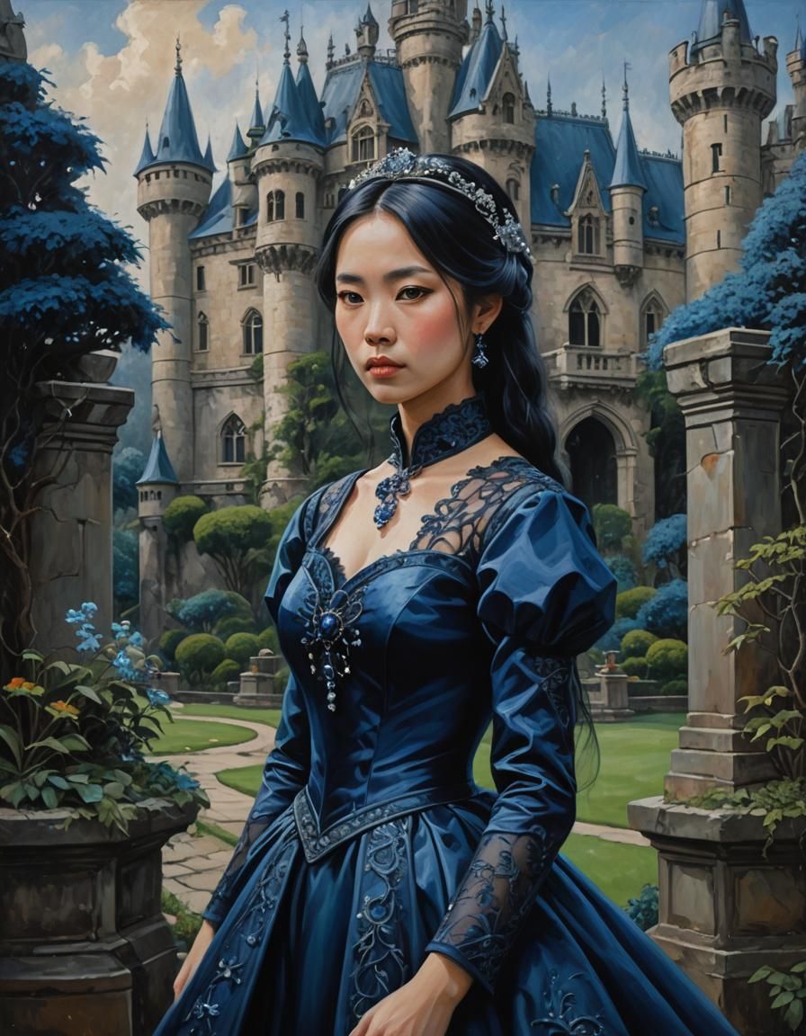 goth asian princess in dark blue euopean gown portrait, gothic castle ...