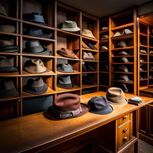 A long shot of the interior of a men's Hat haberdashery with various ...