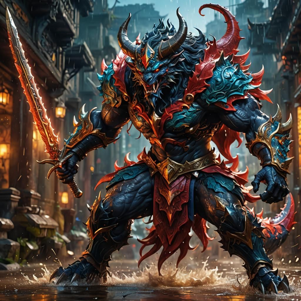 A fearsome and powerful demon with a splashed weapon(long handle and ...