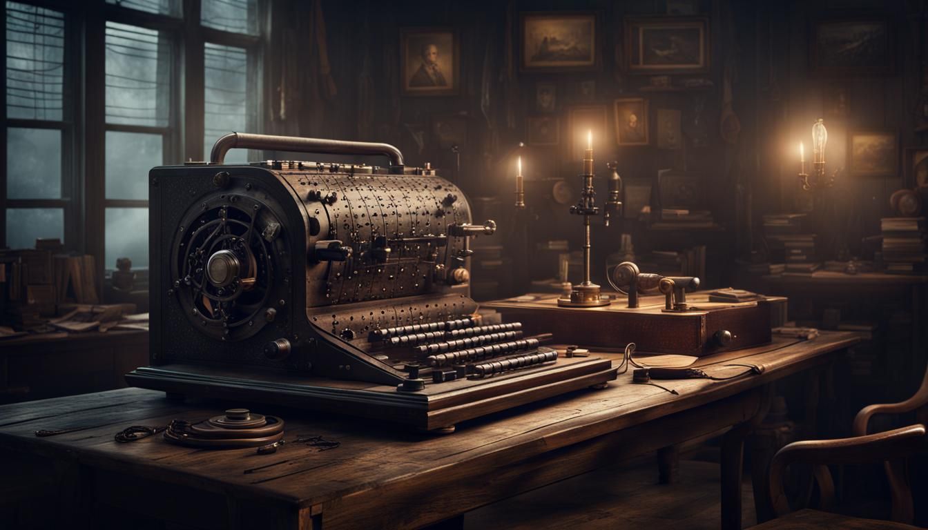 Dimly lit room filled with an air of mystery, vintage Morse code ...