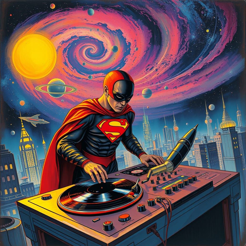 Cosmic Deejay Spins in Resplendent Sun City Galaxy - AI Art