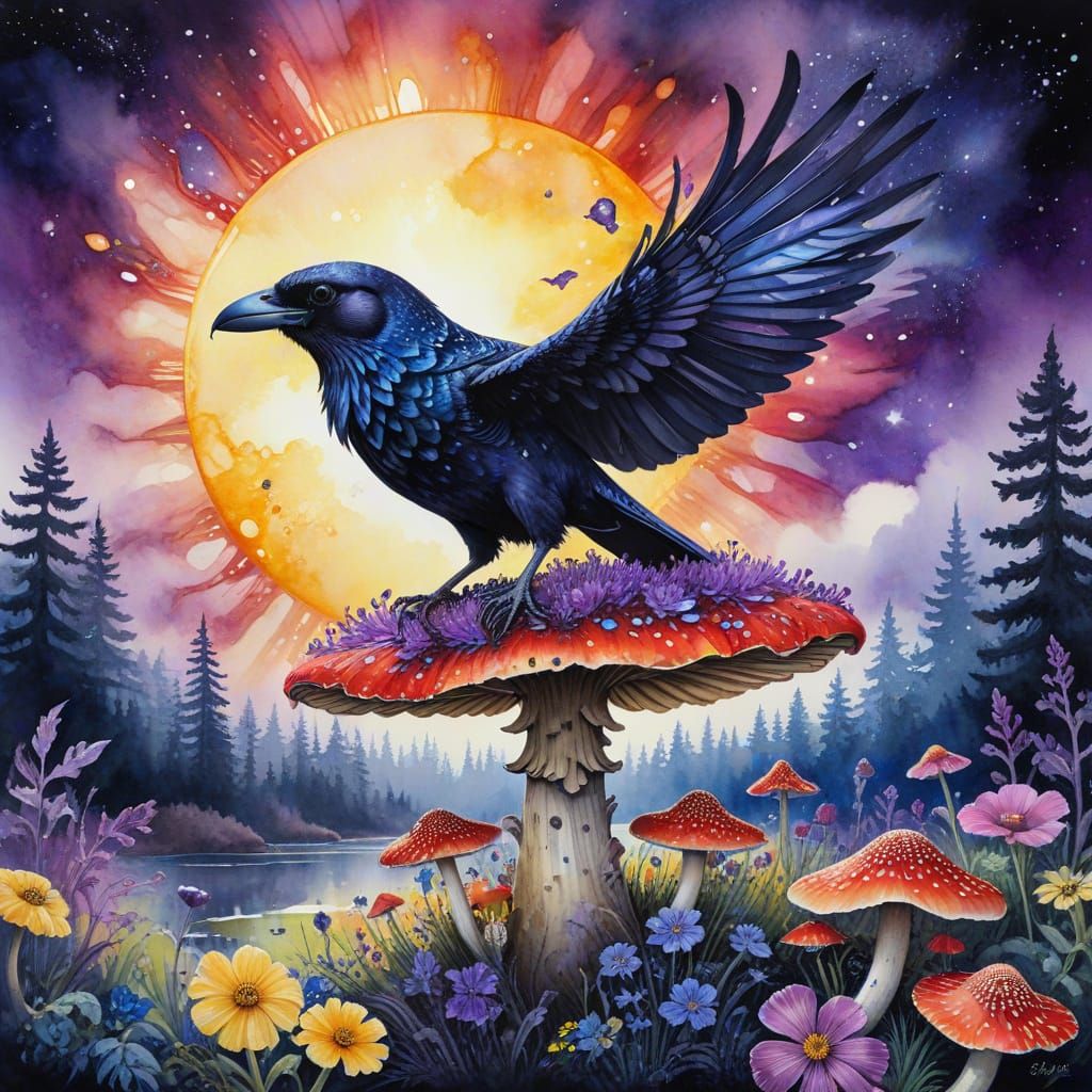 A rather large fly agaric mushroom in a vivid flower garden with an ...