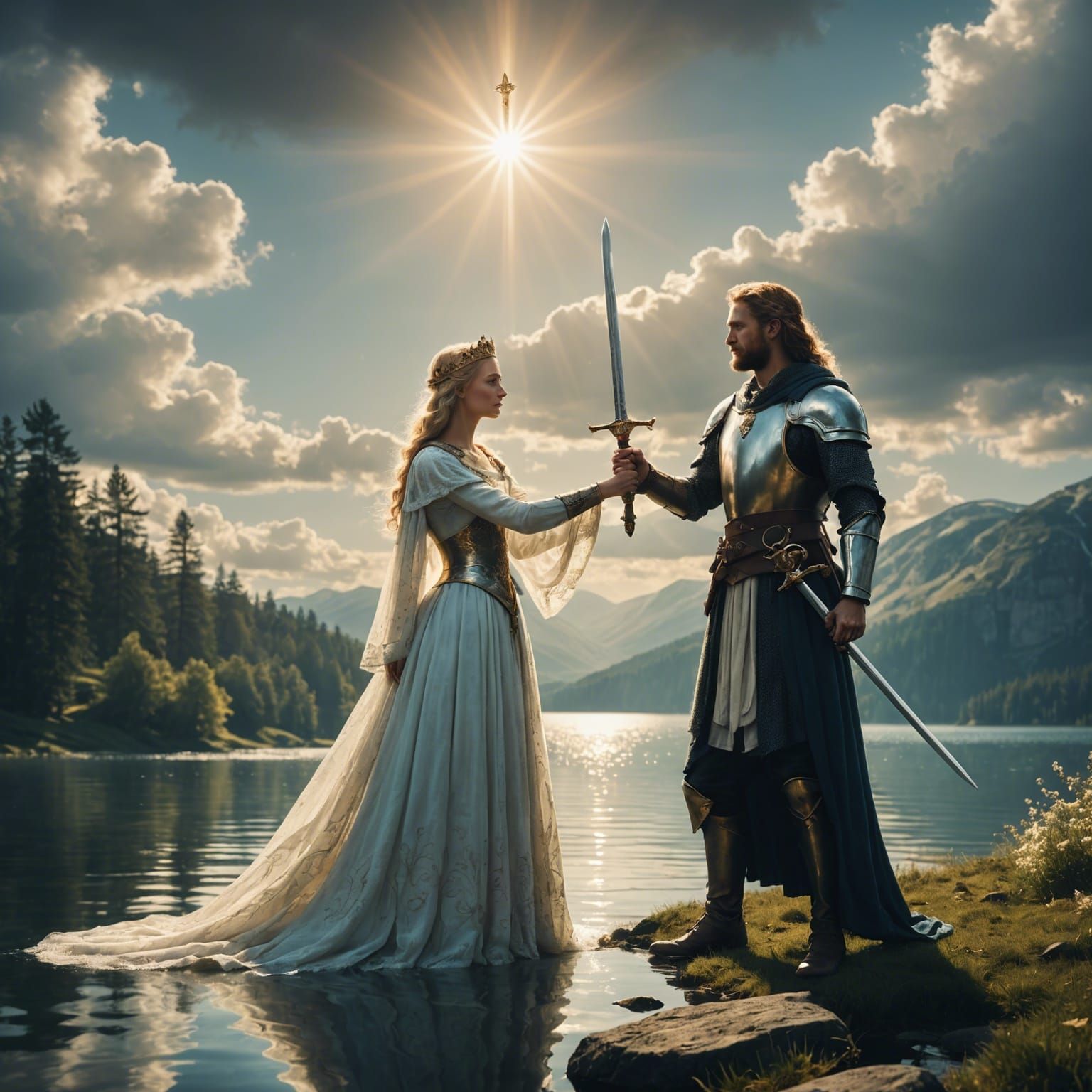 the Lady of the lake handing sword to Crowned King Arthur heavenly ...
