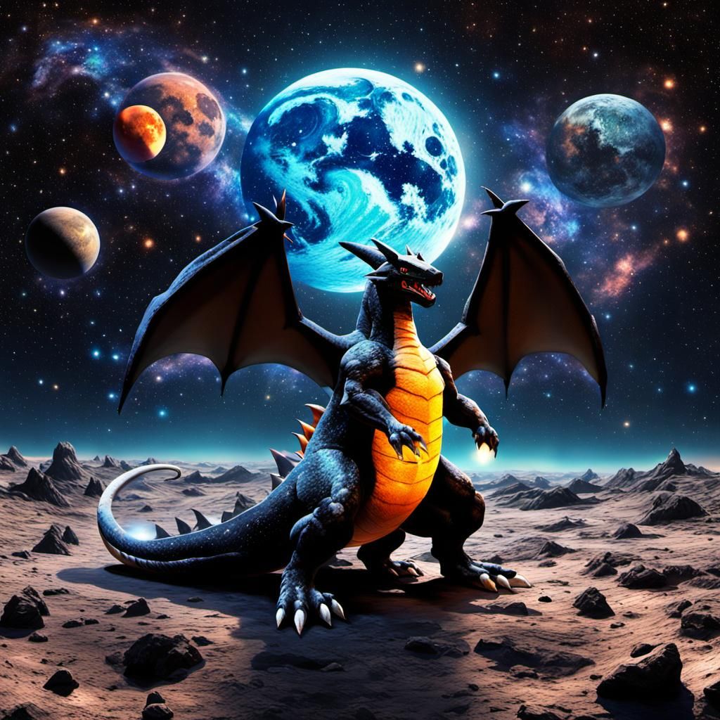 Photograph, hyperrealistic, sharp, Shiny Black Charizard Pokemon on the ...