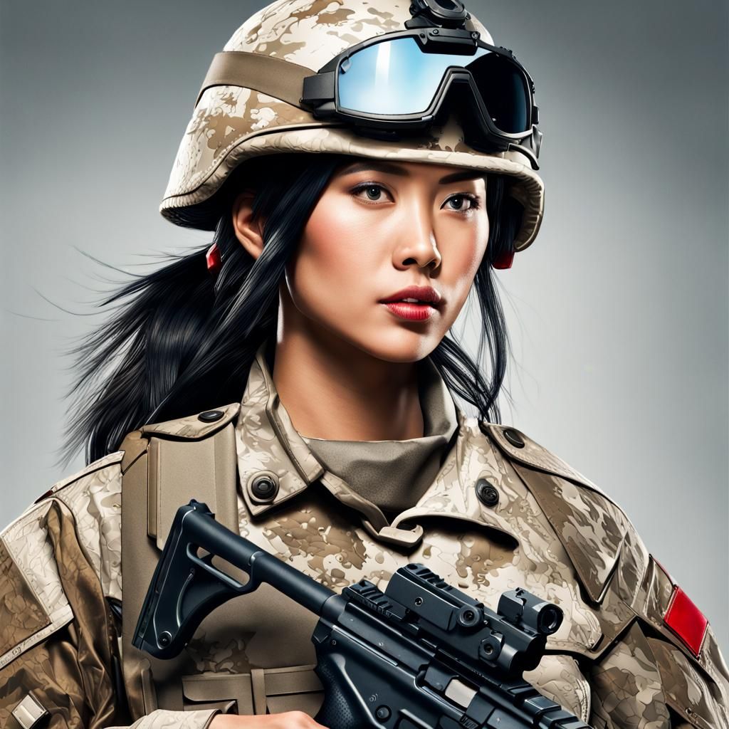colonial marine, attractive asian female, army soldier, holding gun ...