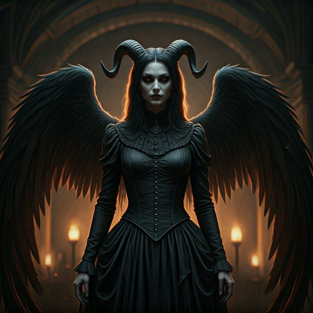 Dark Angel Goddess Emerges from Shadows in Cobweb-... - AI Art