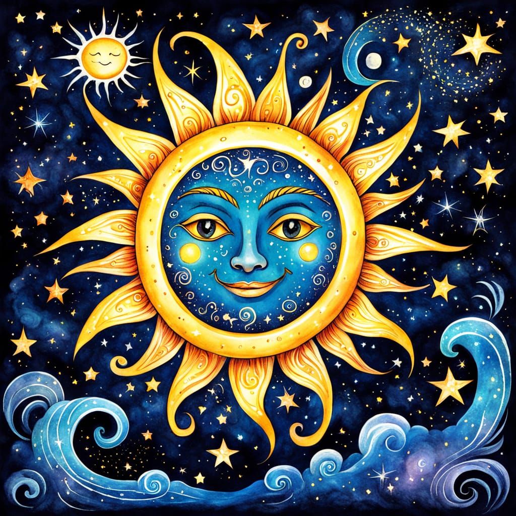 Mystical Celestial Sun in Whimsical Ink Illustrati... - AI Art