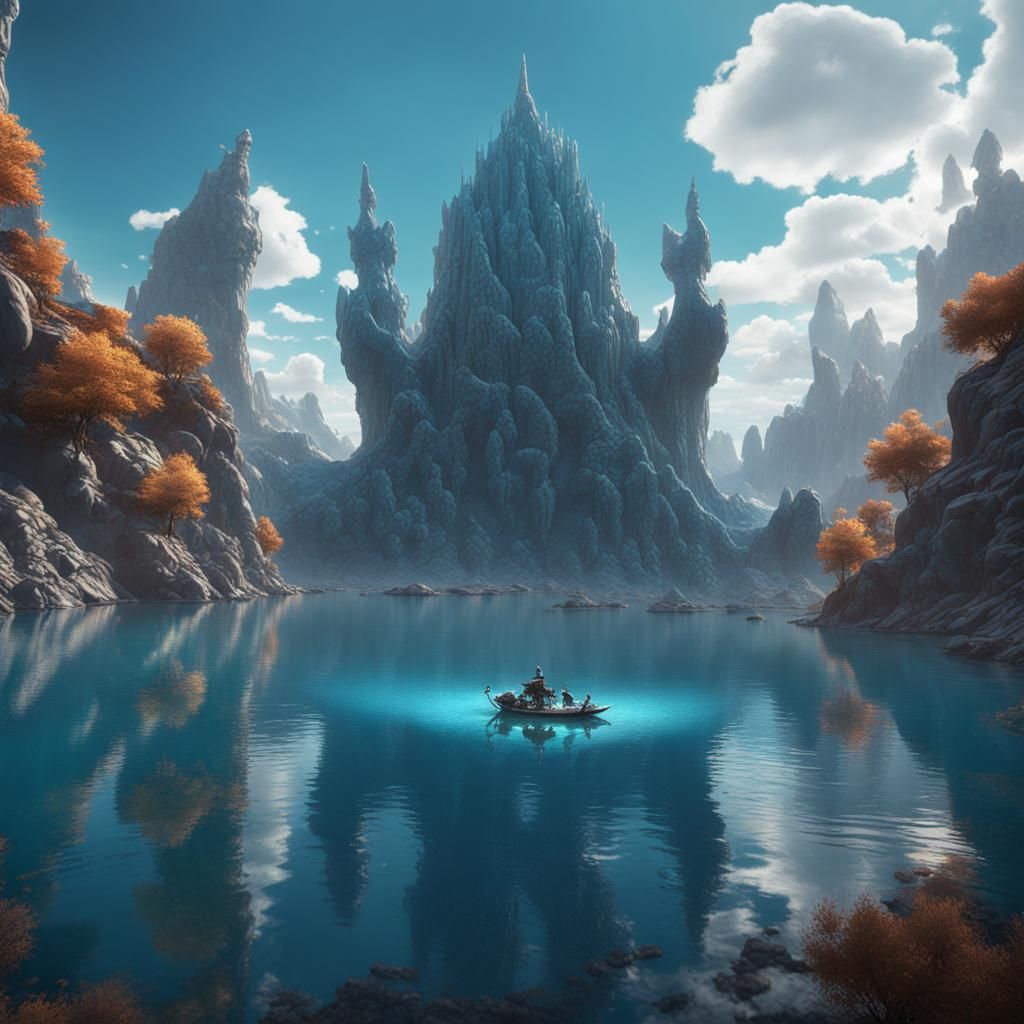 crimson sky, azure lake. Silver golem swimming - AI Generated Artwork - NightCafe Creator