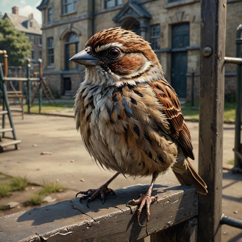 A scruffy looking sparrow in a school playground - AI Generated Artwork ...