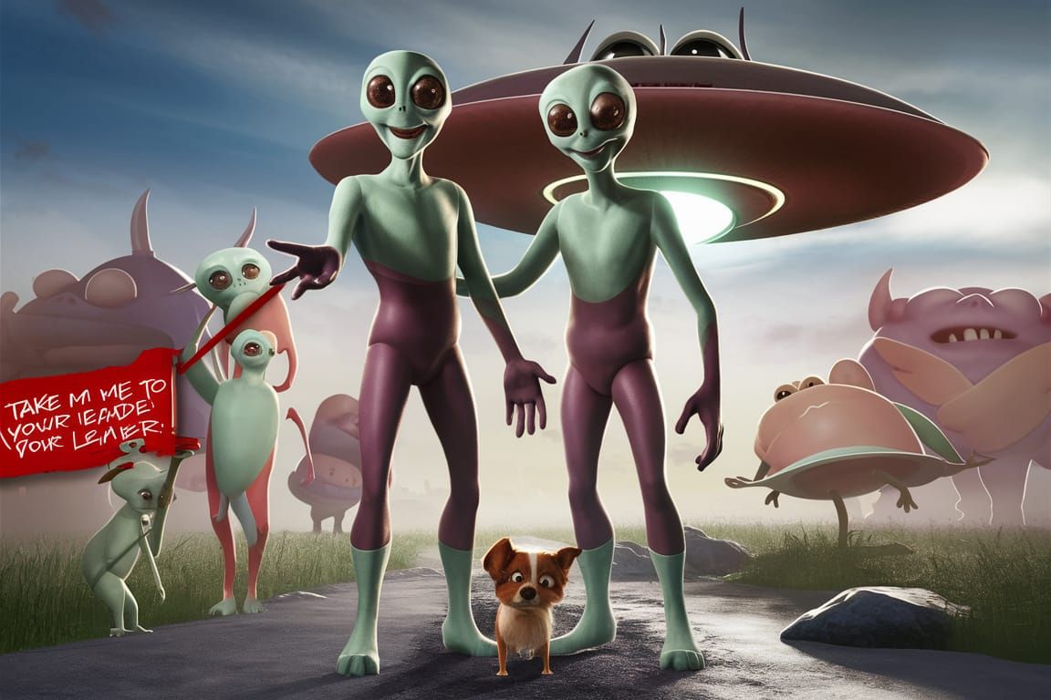 Tiny Dog Meets Friendly Aliens in Whimsical Illust... - AI Art