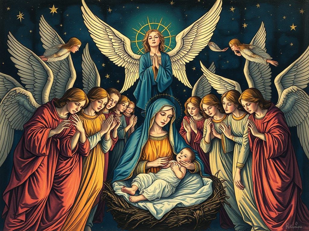 Surreal Angels Surround the Christ Child in a Drea... - AI Art
