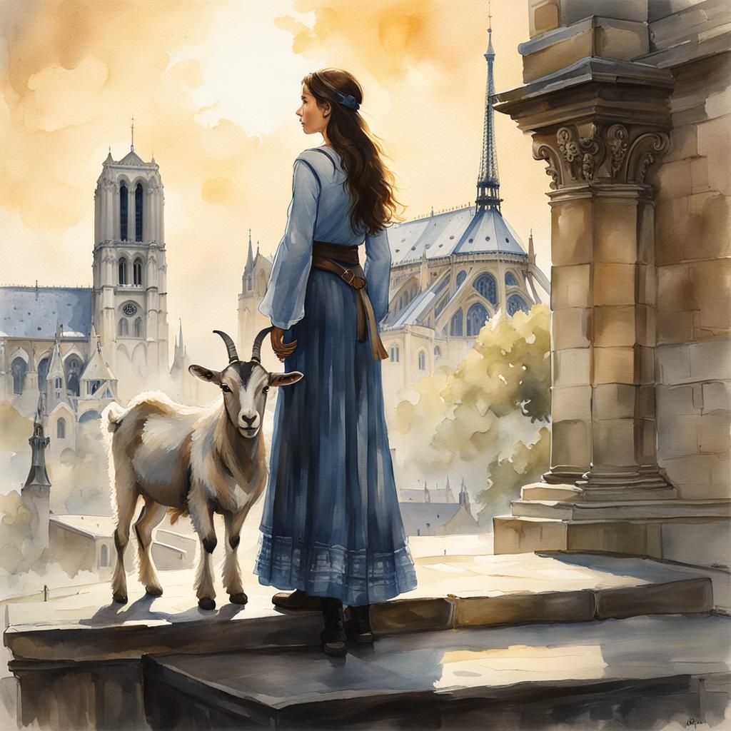 The Gypsy Girl Esmeralda with her Goat on a platform of the Notre-Dame ...