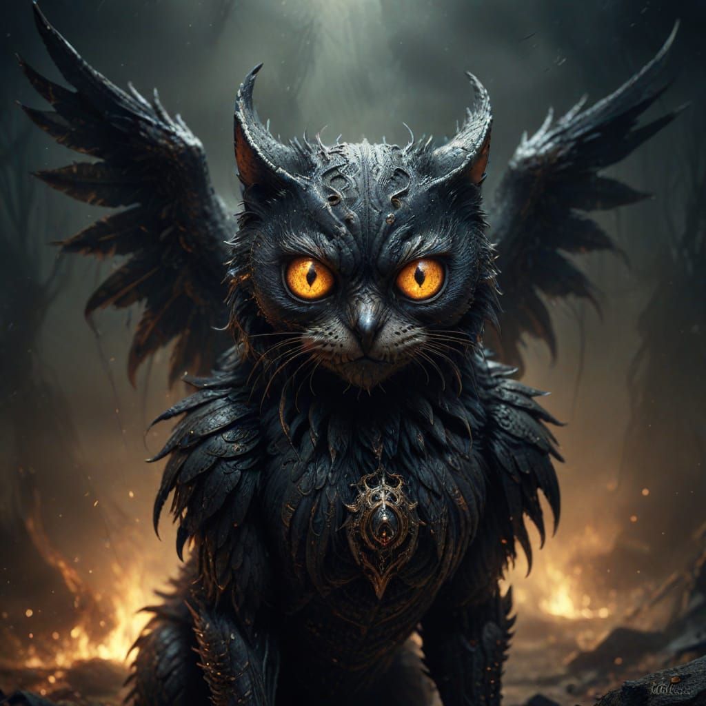 A sleek feline with wide, midnight-black owl wings. Its golden eyes glow softly, illuminating ...