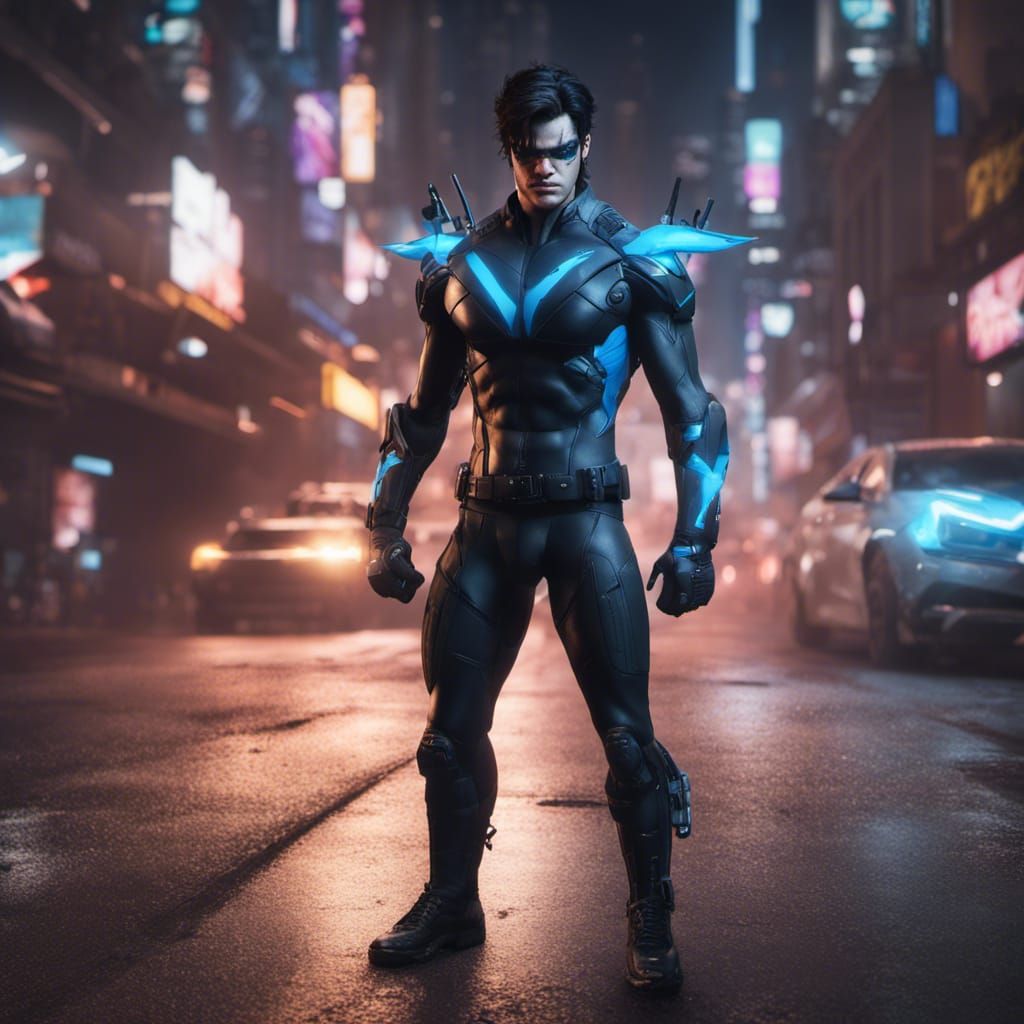 Cyberpunk Nightwing, Nightwing, cybernetics, glowing eyes, Full Body ...