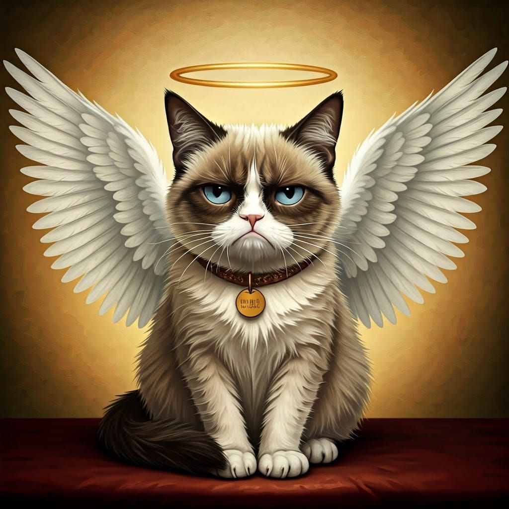 Eternally Grumpy - Regal Feline Angel with Whimsical Halo