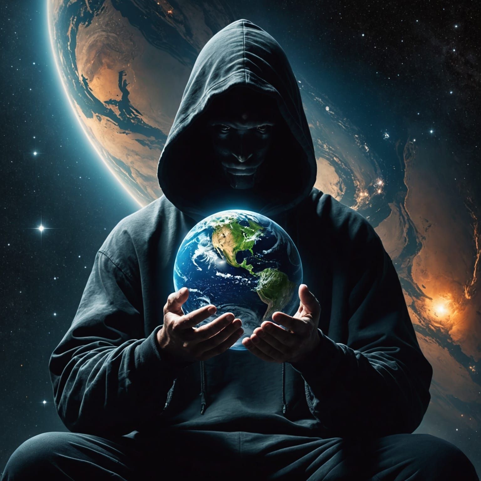 a mystical being with a hood, where we cannot see his face, giant in ...