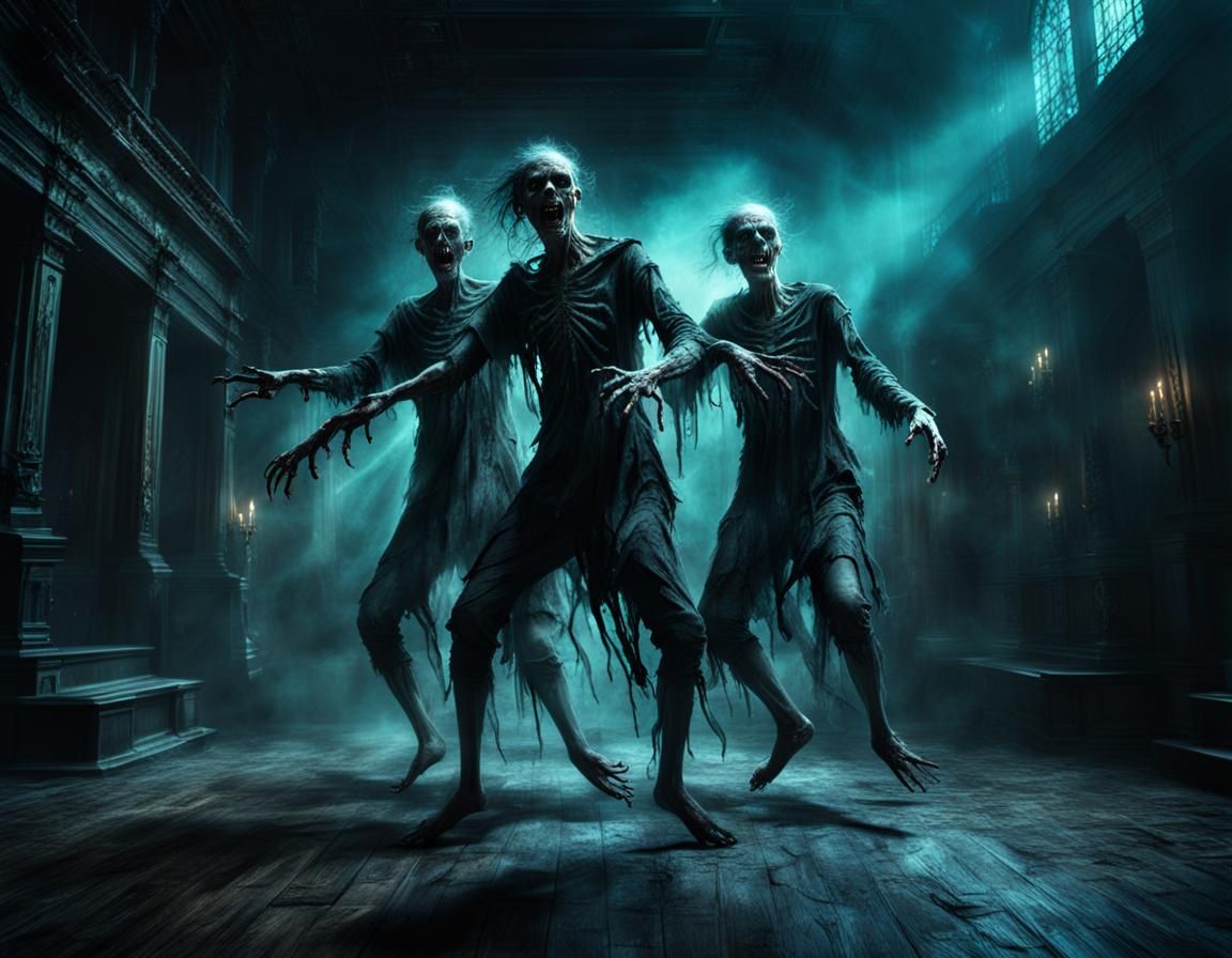 Beautiful dance of 2 zombies, dark haunted stage with eerie glow from ...