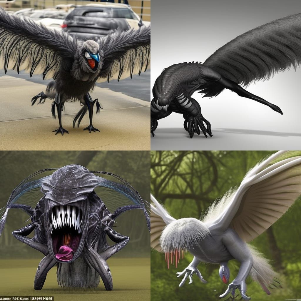 A large bird-like alien with two pairs of fixed wings, a wide mouth ...