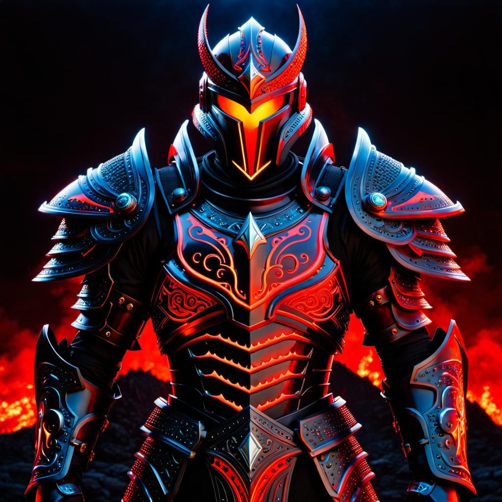 Symmetrical Armor filled with bioluminescent red light, lava and fire ...