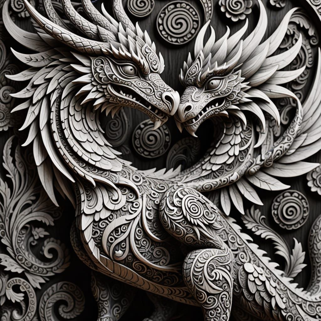 Dragon Phoenix Alebrije: Black and White Wood Carv... - AI Art