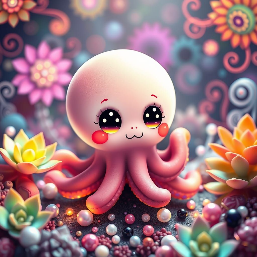 Whimsical Chibi Octopus in Vibrant Deep-Sea Scene - AI Art