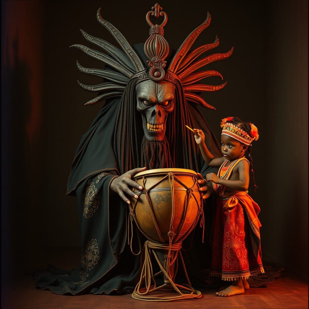 Iku, the orisha of death being fooled and controlled by the Ibejis (the mystical twin kids). The ...