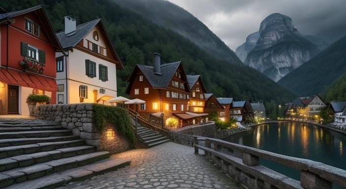 a photo of a cobblestone staircase in Hallstatt Austria taken from afar. dramatic lighting, RAW ...