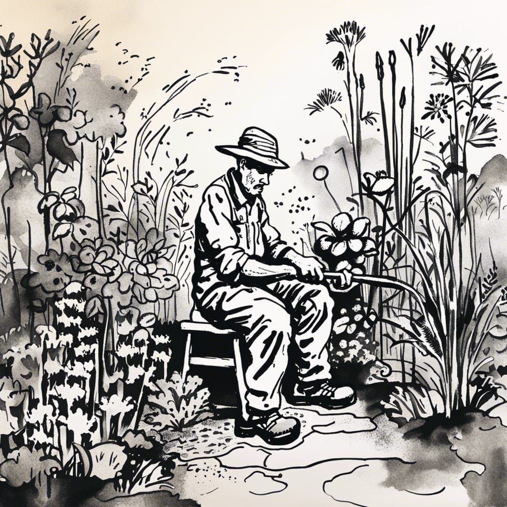 Ink brush stroke drawing of gardener working in botanical ink drawing ...