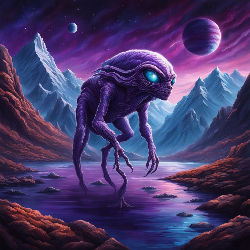 alien creature/ eyes/big/blueish purple/hyper realistic/greatly ...