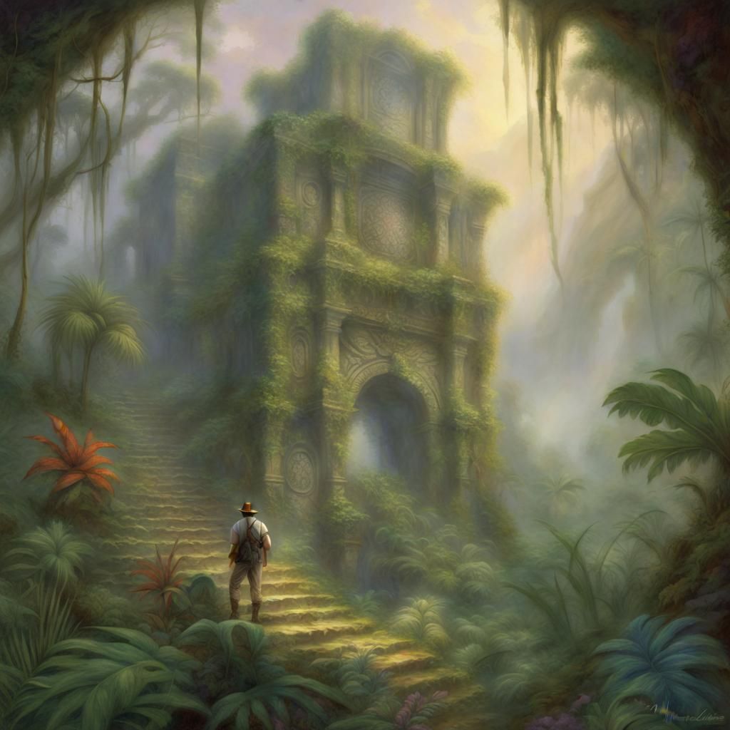 Adventuring archaeologist in the a jungle ruin - AI Generated Artwork ...