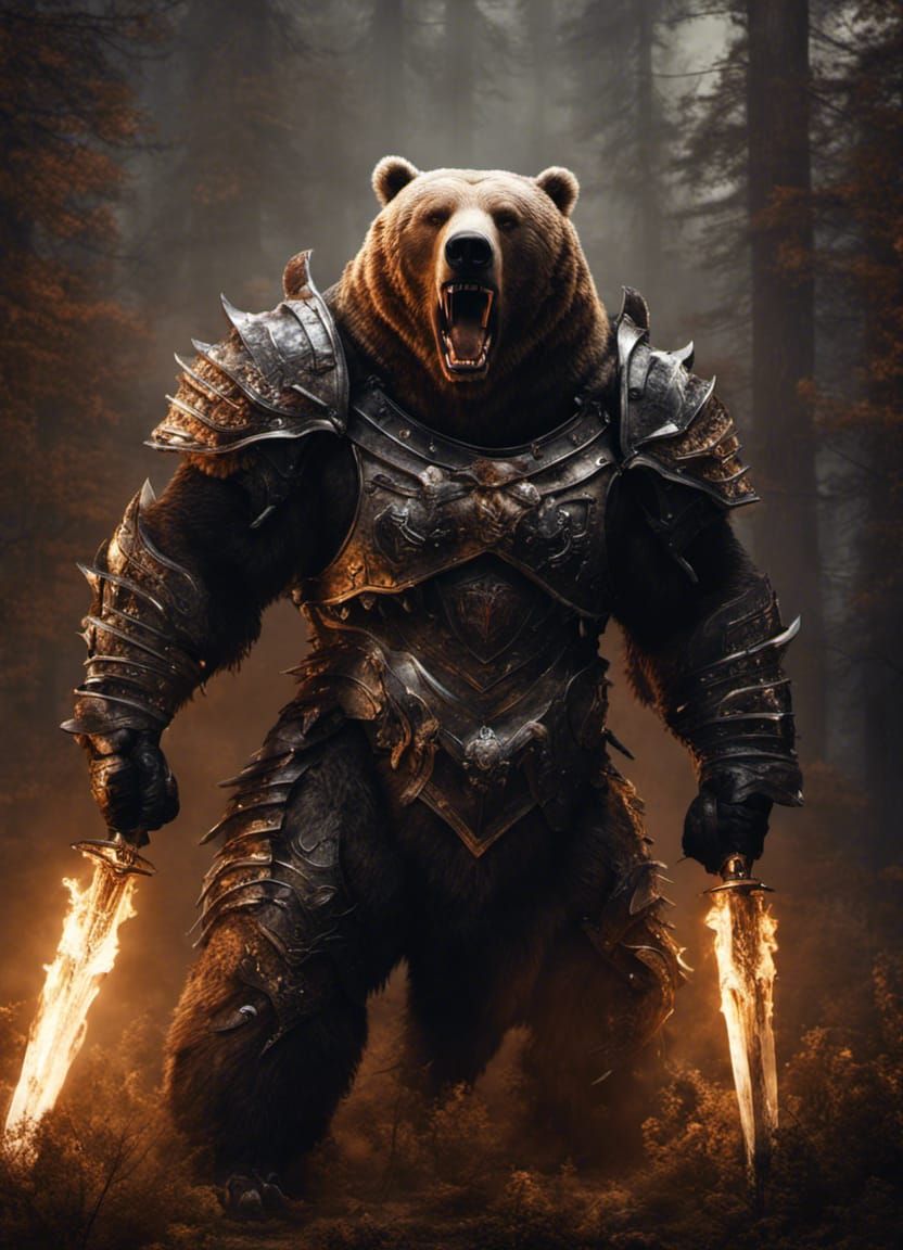 Photograph portrait of a Huge Ominous Engulfed Armored Obese Grizzly Bear Knight, king composure ...