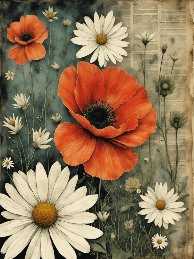 Dadaist Collage: Vibrant Poppy Flowers in Golden P... - AI Art