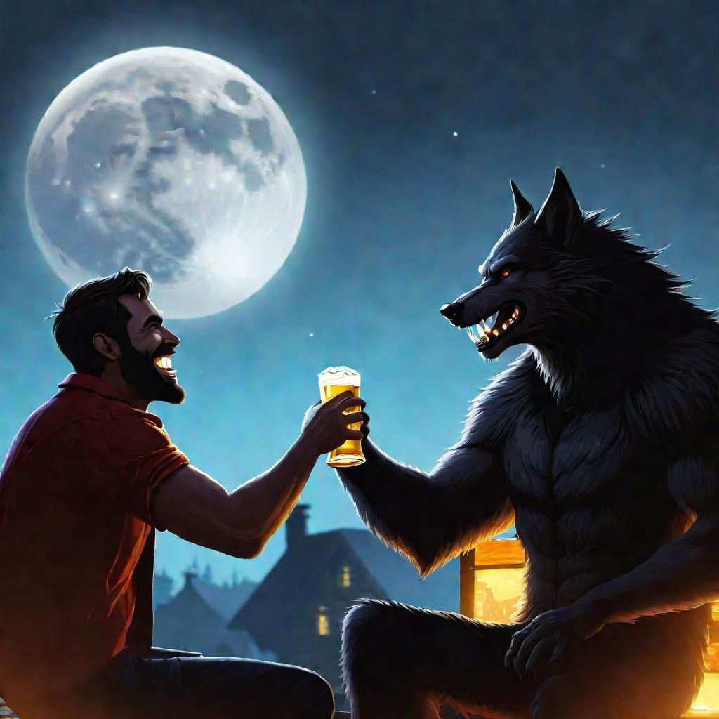 A Werewolf and a Man have been best friends for years drinking beer and ...