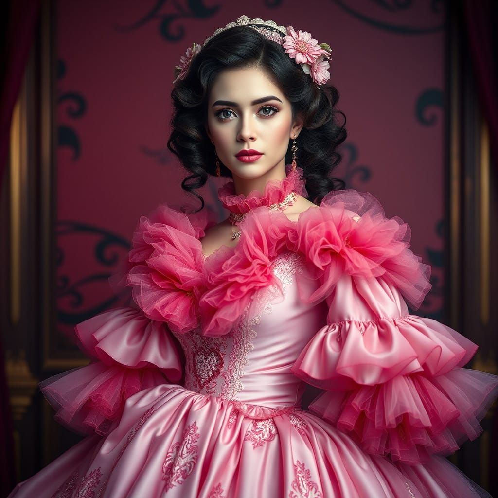 really cute victorian silk gown with pink, megenta, red, nd purple highlights and fluffs 10 ...