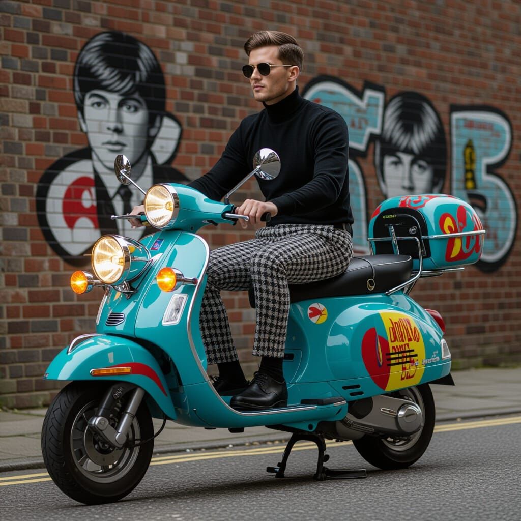 Mod wearing a turtleneck shirt and slim fit dogtooth trousers on a ...