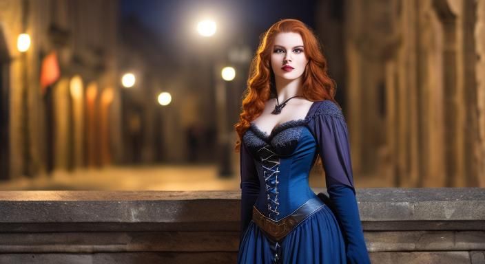 A female vampire with auburn hair, wearing a risky corseted dress ...