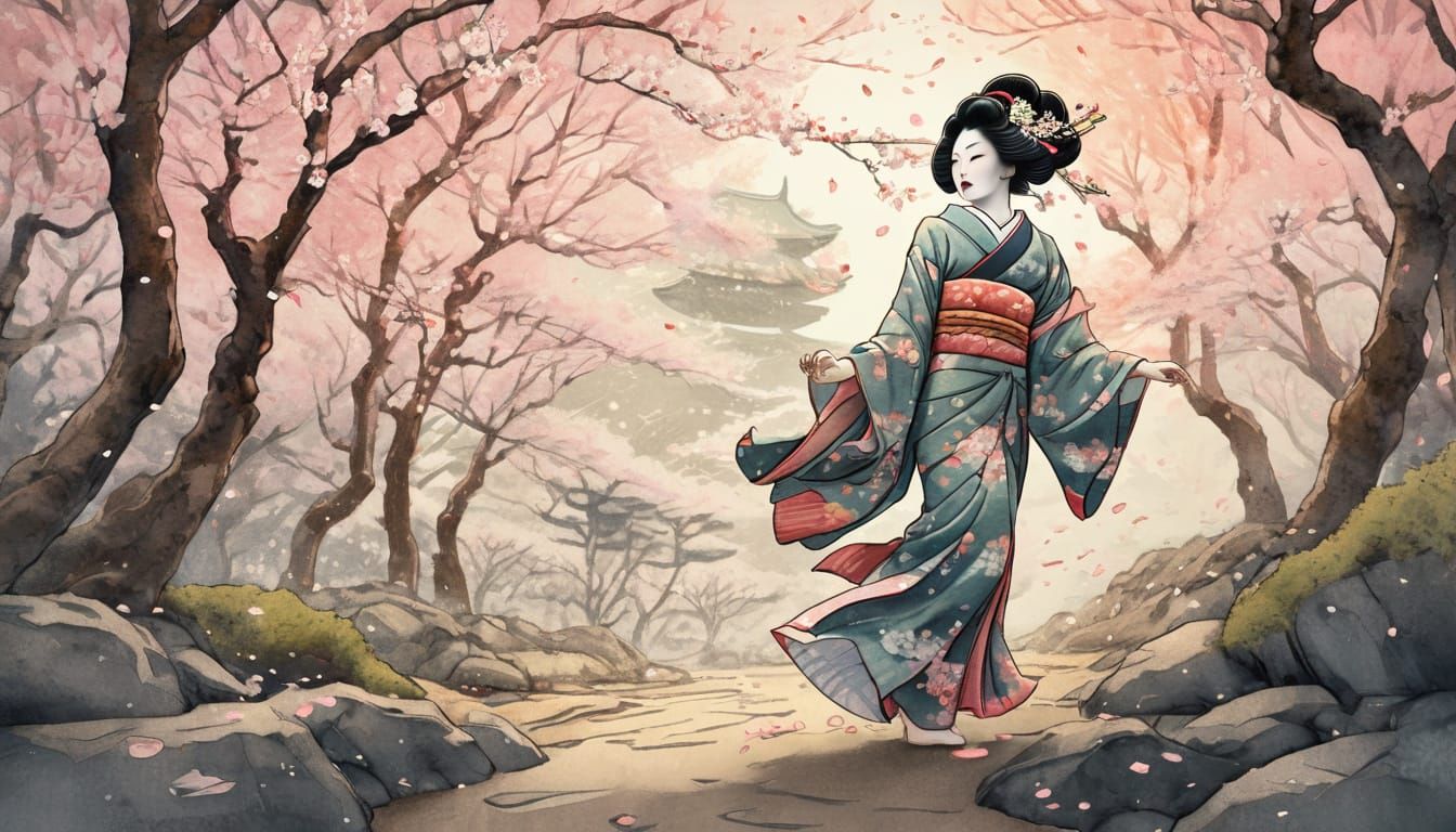 Barefoot Geisha Dances Amidst Cherry Blossoms in T... - AI Art