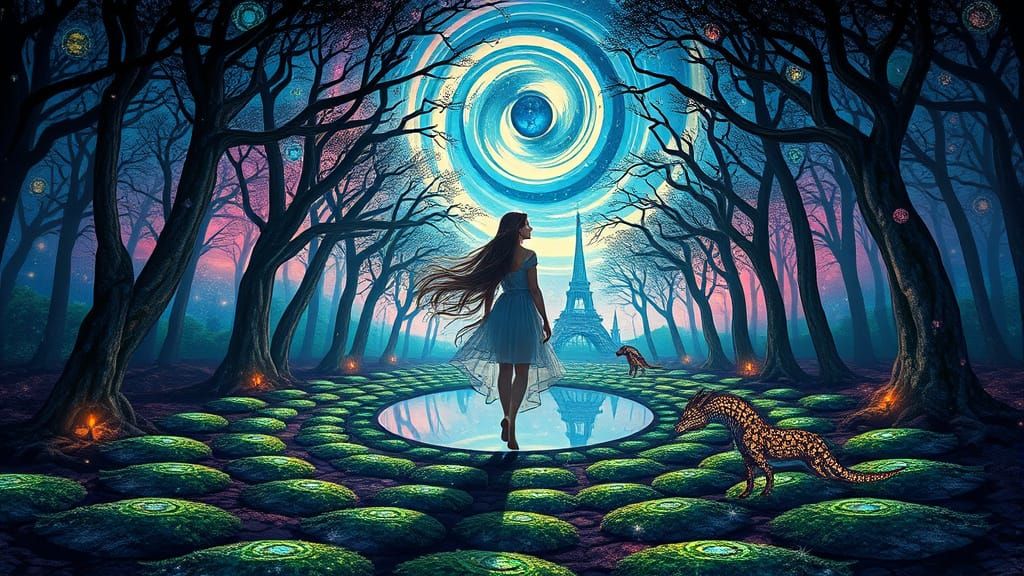 Stained Glass Forest Glade with Mirrored Labyrinth - AI Art