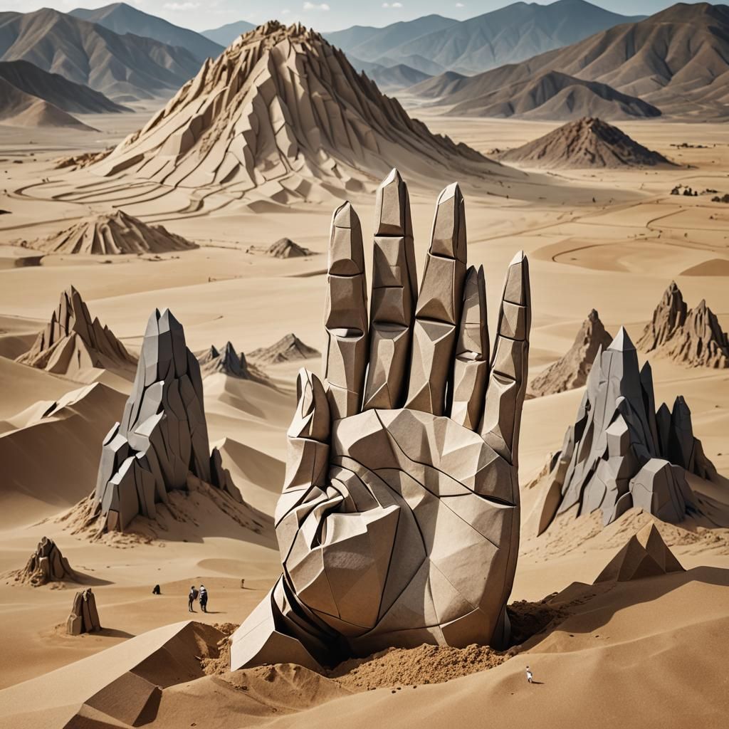 A gigantic hand, like a historical stone monument coming out of the ...