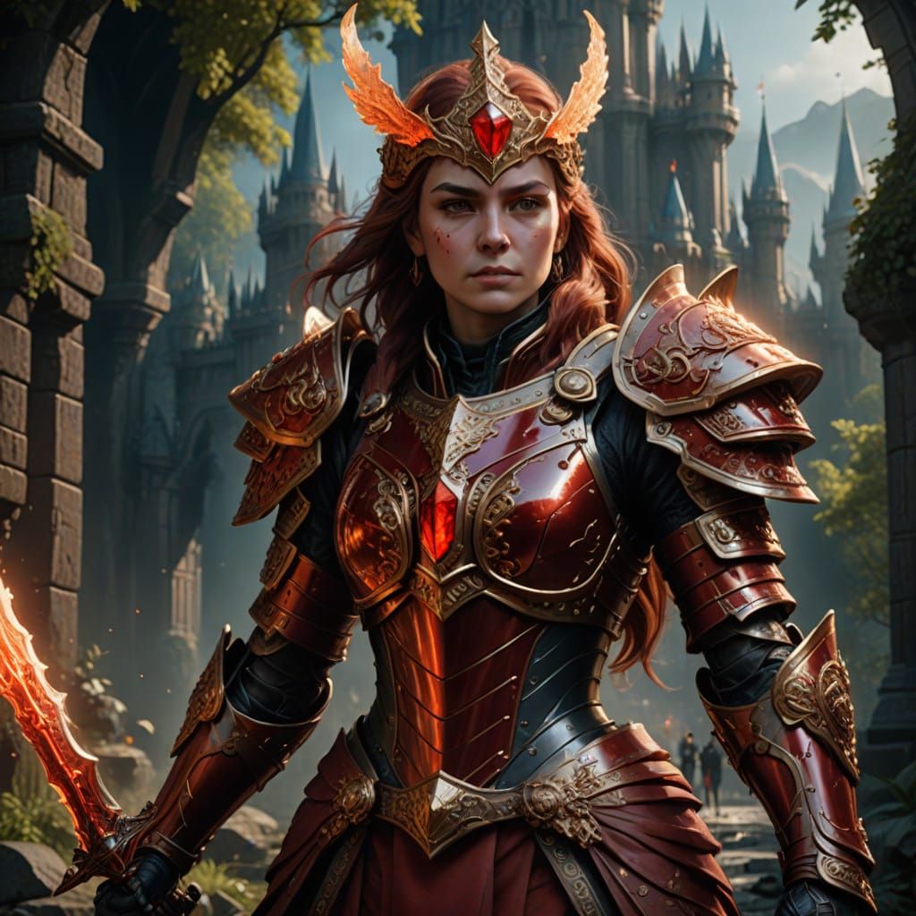 Ethereal Queen in Red Battle Armor, Fantasy Concep... - AI Art