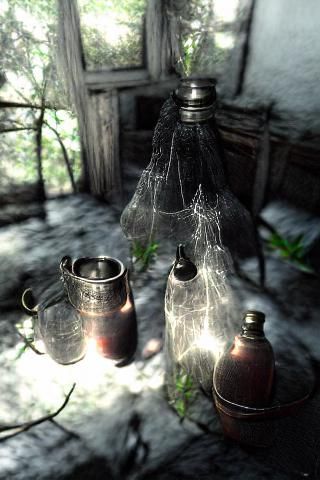 Small strange flasks filled with poison, covered in spiderwebs, in ...