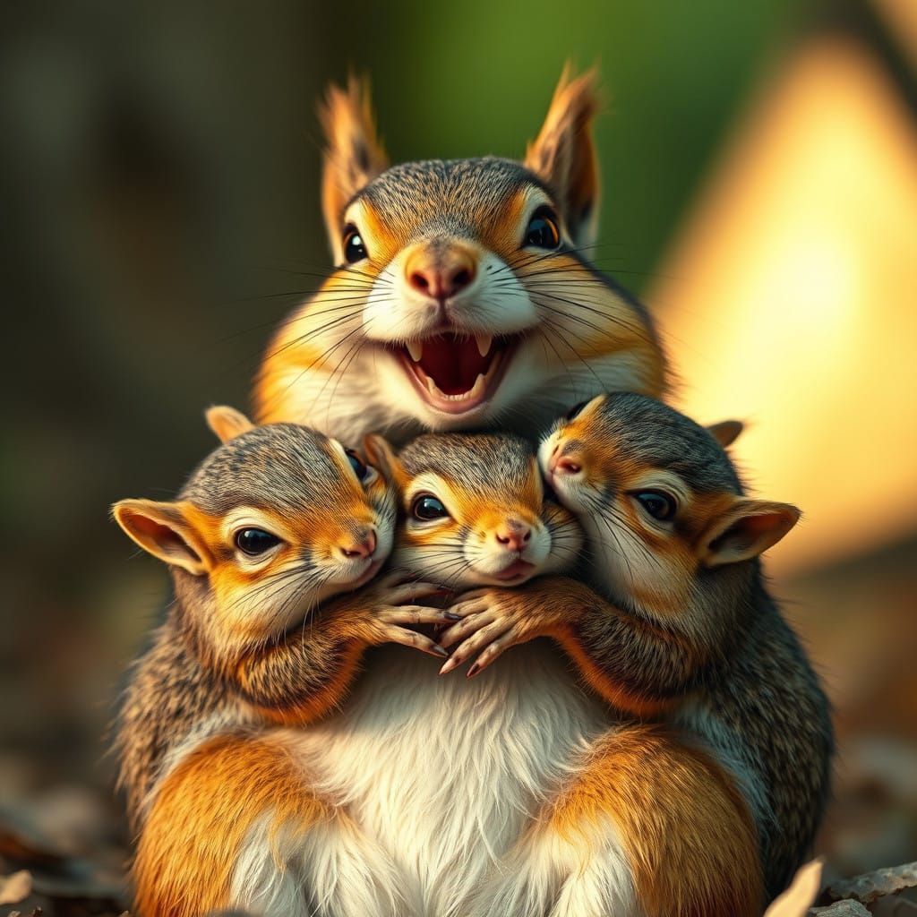 A very happy cute mother squirrel hugs her little super cute squirrels. — Ultra-detailed fluffy ...