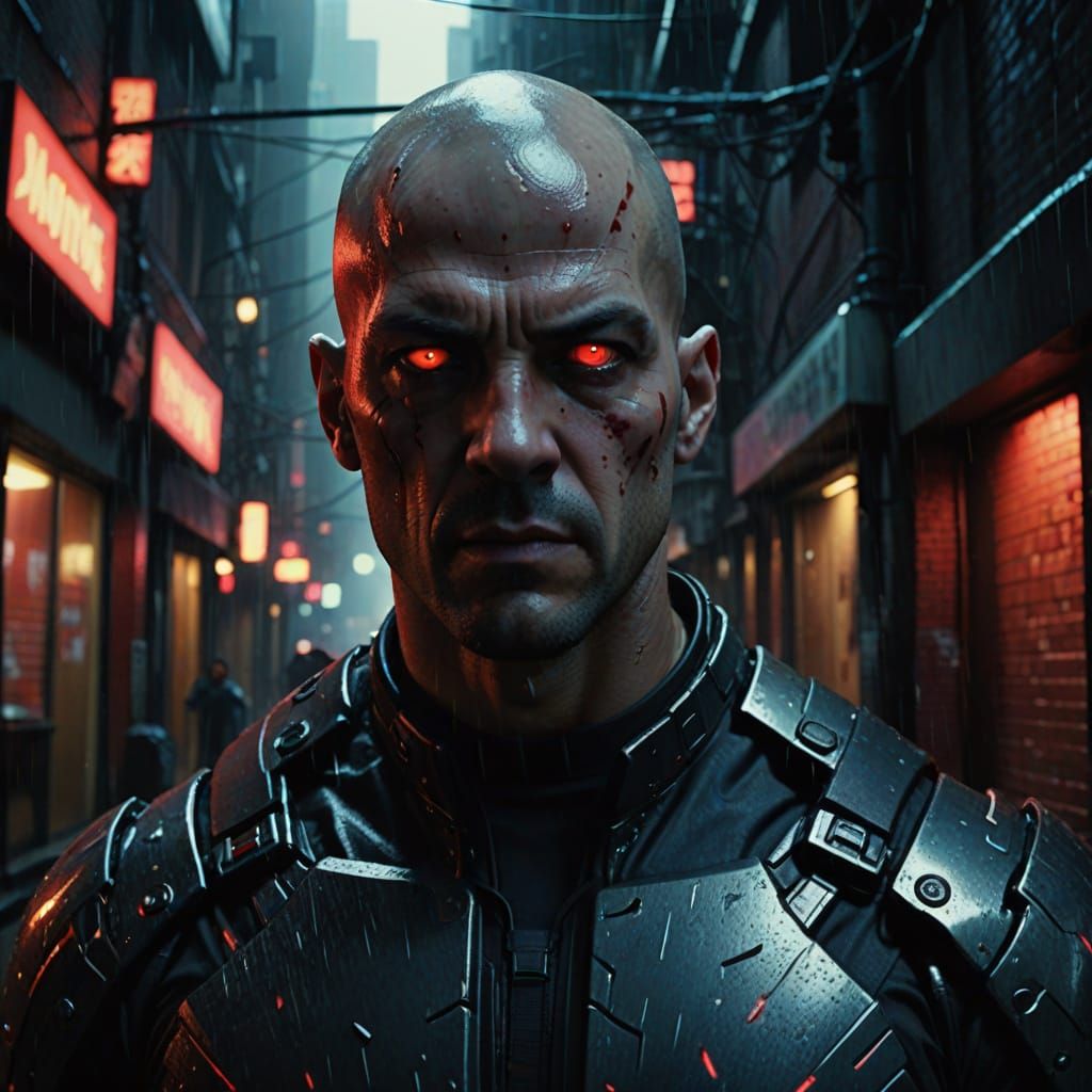 Cybernetic Assassin in Dark Alleyway - AI Art
