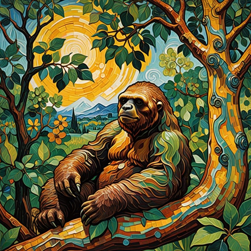 Giant sloth eating avocado tree - Neo-Expressionist Sloth in...